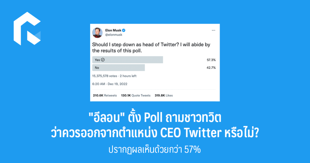 "อีลอน" ตั้ง Poll ถามชาวทวิตว่าควรออกจากตำแหน่ง CEO Twitter หรือไม่ ...