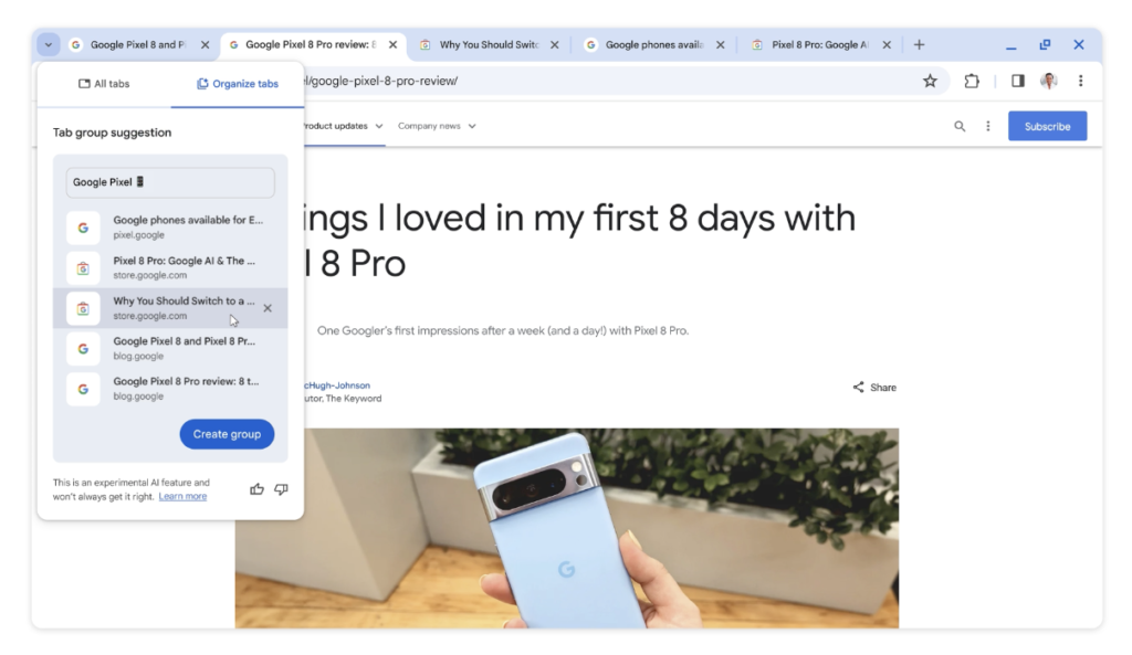 Google เพิ่มฟีเจอร์ Generative AI ใหม่ใน Chrome! สร้างธีม แปลงประโยค และจัดแท็บด้วย AI ได้