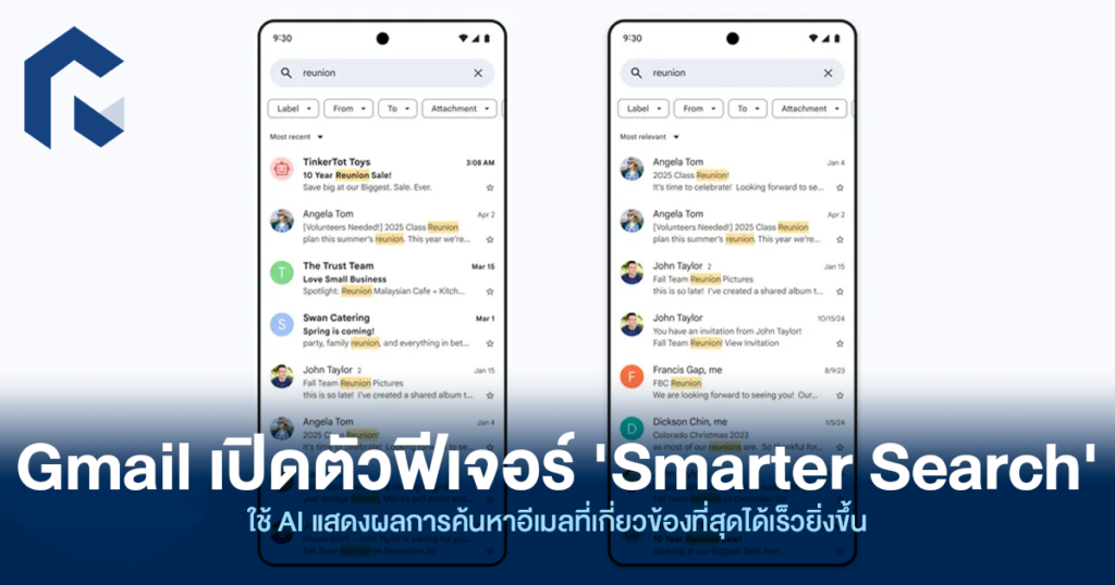 Gmail เปิดตัวฟีเจอร์ 'Smarter Search' ใช้ AI แสดงผลการค้นหาอีเมลที่เกี่ยวข้องที่สุดได้เร็วยิ่งขึ้น